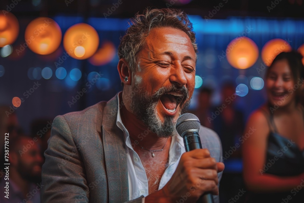 A joyful man serenades the crowd, his face beaming with passion as he ...