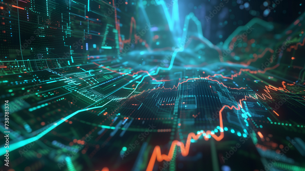 financial analysis data flowing through a futuristic interface, with graphs, charts, and ...