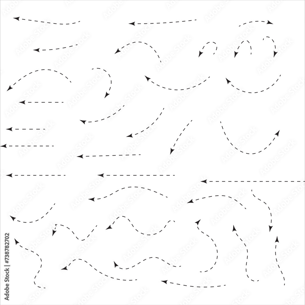 Set of blue dashed hand-drawn arrow signs or symbols. Dashed hand drawn ...