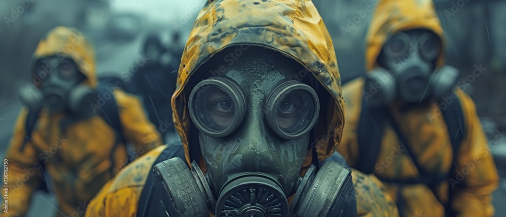 Fearful, multicultural friends fleeing from strange individuals wearing ...