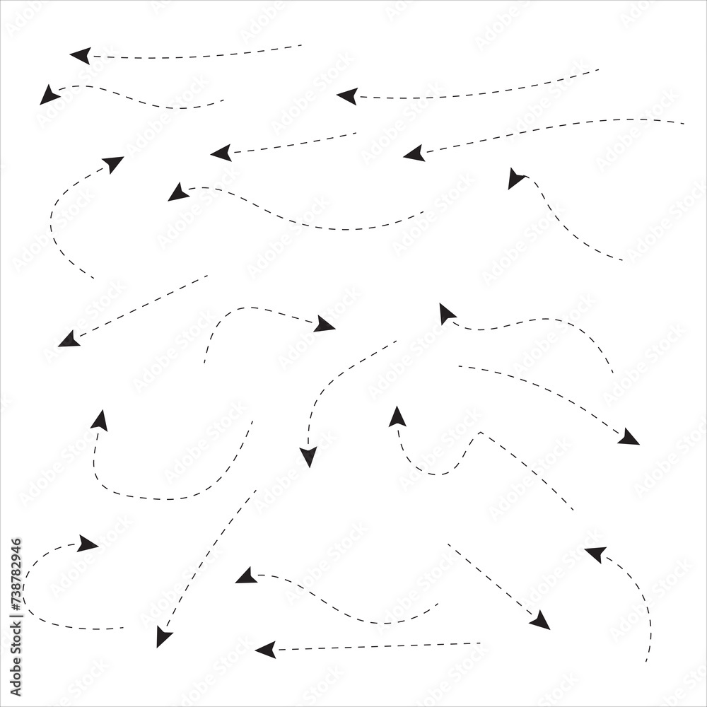 Set of black dotted arrows in doodle style. Broken arrows in the form ...