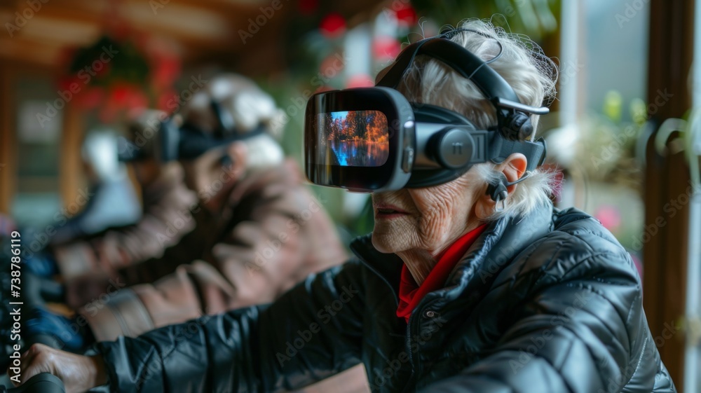 Elderly person wearing VR glasses while cycling on a stationary bike at ...