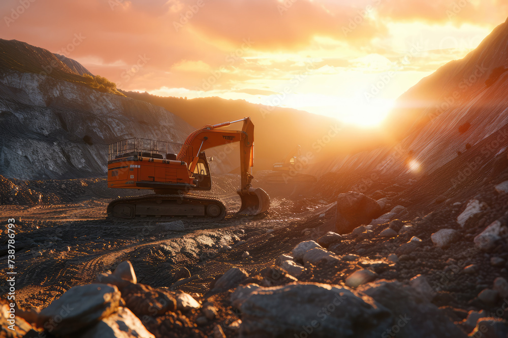 Excavator in open pit mining Excavator on earthmoving on sunset Loader ...