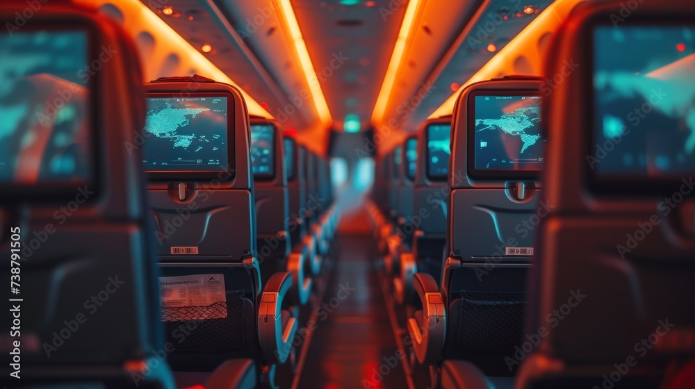 An airplane cabin at night with rows of seats and personal ...
