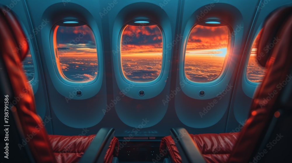 Stunning airplane cabin view with red seats, blue walls, triple windows ...