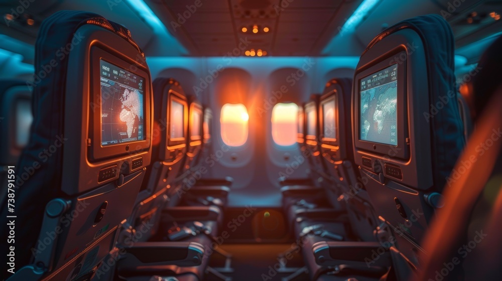 Airplane cabin interior at night with illuminated seatback screens ...