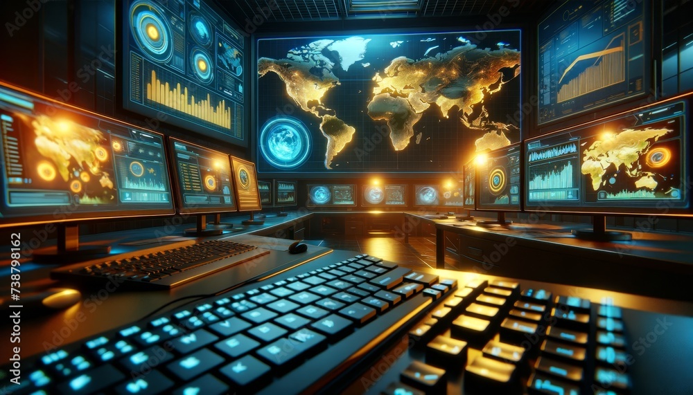 Digital artwork showcasing an advanced command center, intricate setups ...