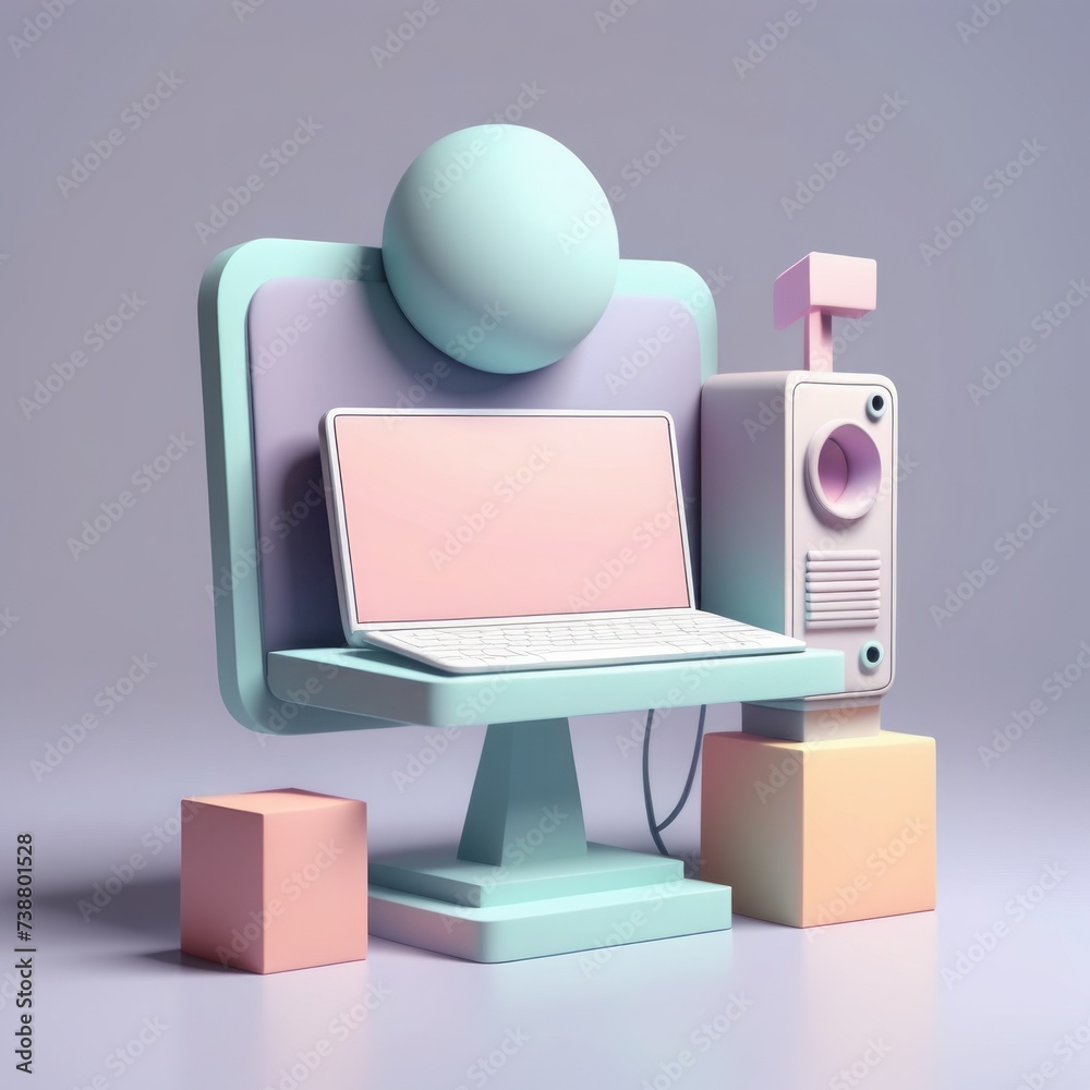 computer monitor with mouse and laptop on pink background. 3d render computer monitor with mouse ...