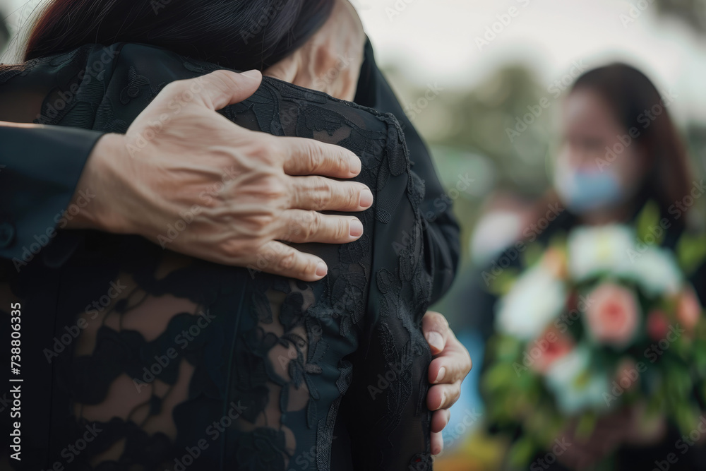 Funeral, People care for grief, mourning or depressed mother at burial ...