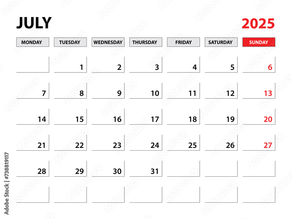 July 2025 year planner template, calendar 2025 template, monthly and ...