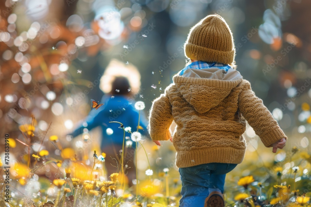 a scene of children playing outside, engaging with the signs of spring ...