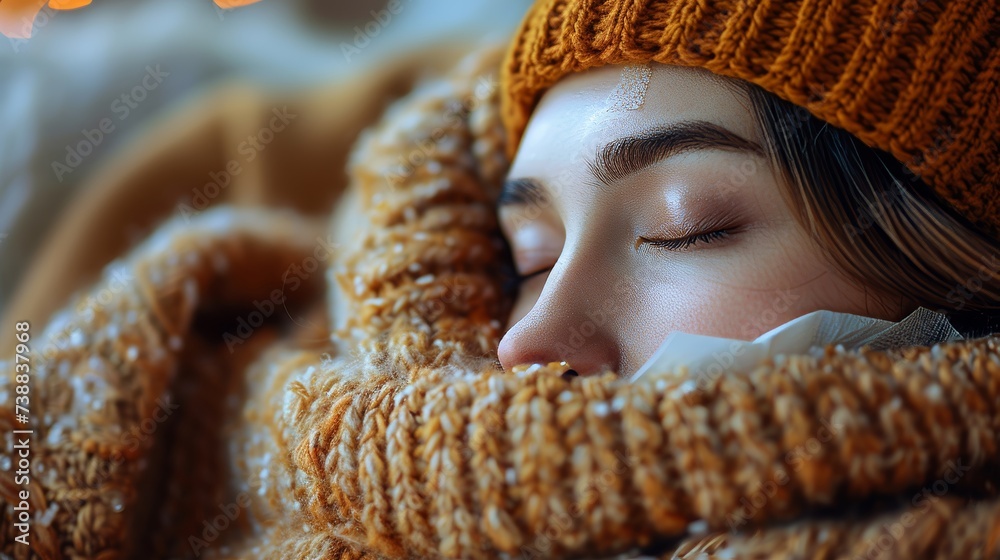 Young sick woman lying on cozy sofa with towel on forehead holding ...