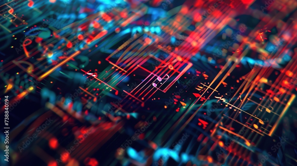 Closeup of a digital screen with lyrics and sheet music. A colorful ...