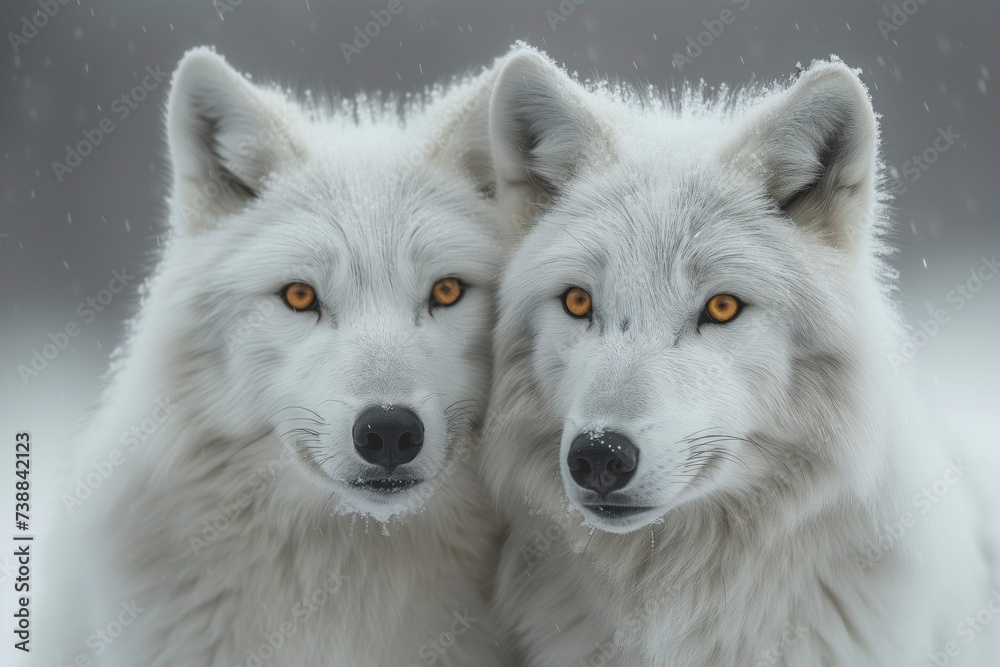 Amidst the winter snow, two magnificent canines, one pure wolf and one ...