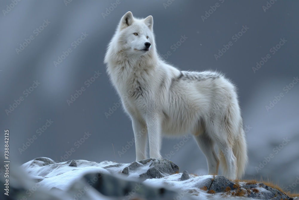 A majestic white wolf stands proudly on the rocky terrain, a symbol of ...