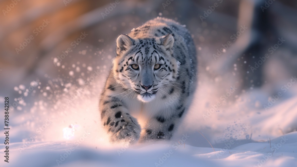 A majestic white tiger gracefully bounds through a wintry landscape ...