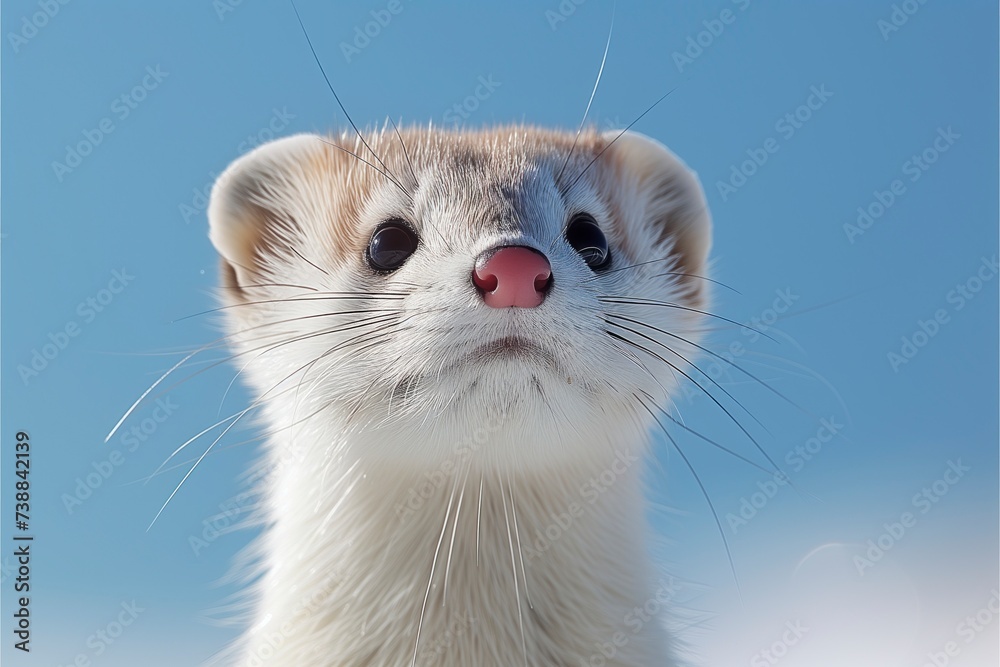 A curious ferret with a sleek white coat gazes up at the endless sky ...