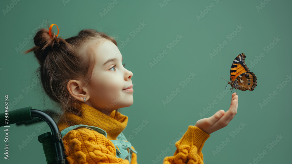 Young disabled girl in a wheelchair with a butterfly. Conservation and ...