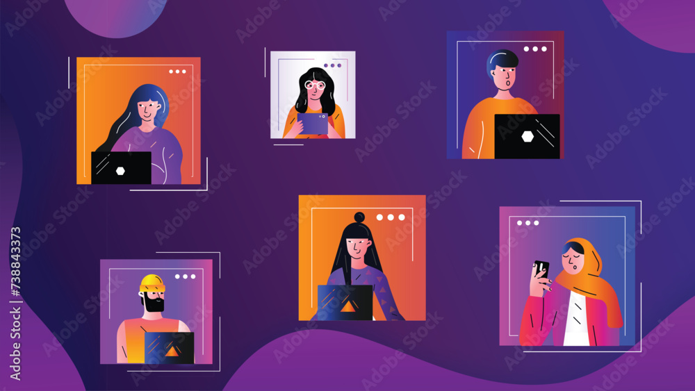 Friends during video conference, male and female characters meet in ...