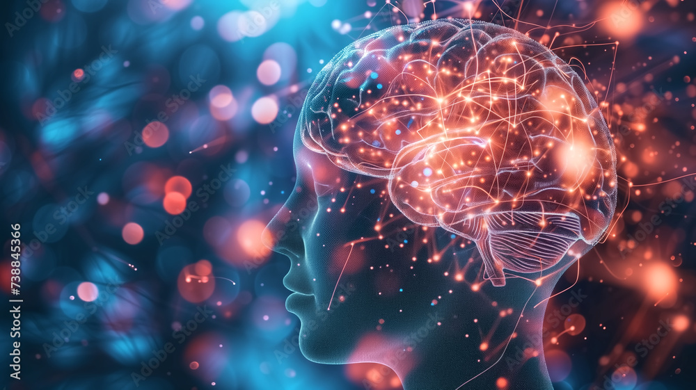 Digital artwork depicting a human head silhouette with a glowing neural ...