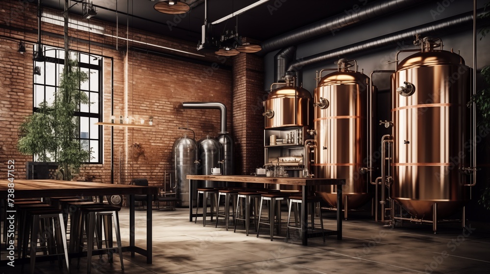 Copper brewery. Distillery. Modern beer plant with brewering kettles ...