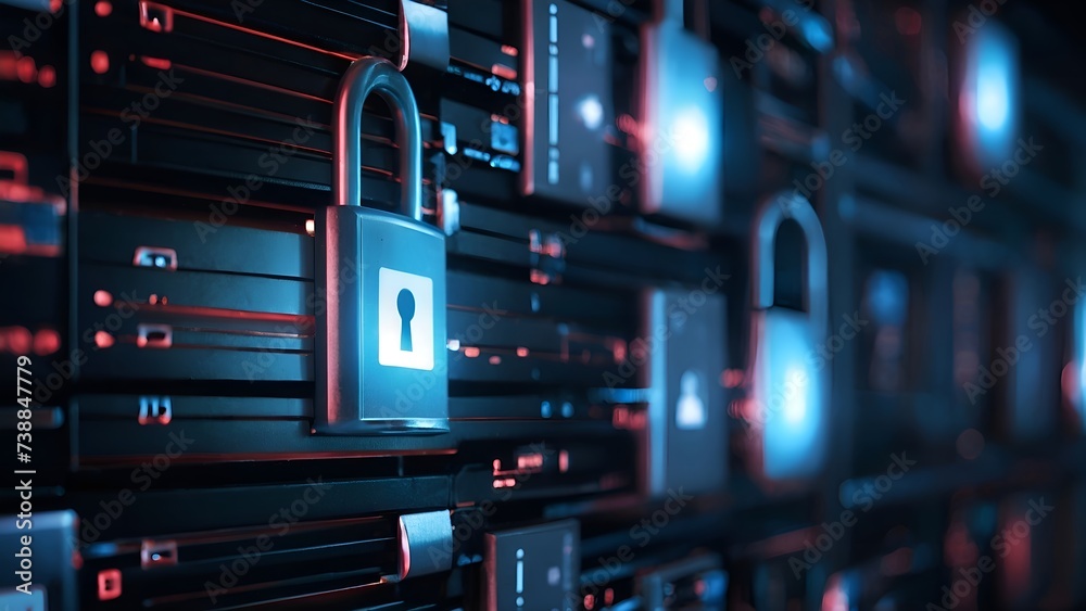 digital lock symbol, Locked Data Files, screen displaying a series of file icons lock symbol ...