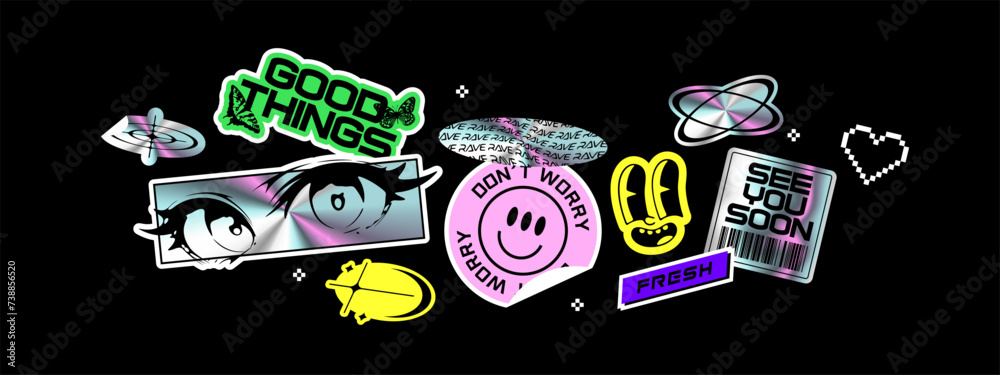Trendy holographic Y2K sticker illustration set. Retro 2000s text quote ...