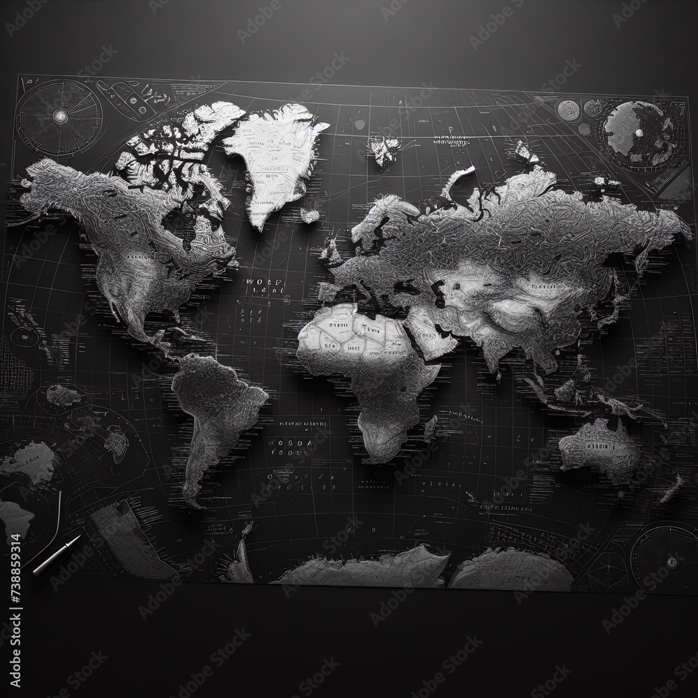 world map spreads out on an elegant black base. showing minimalism and ...