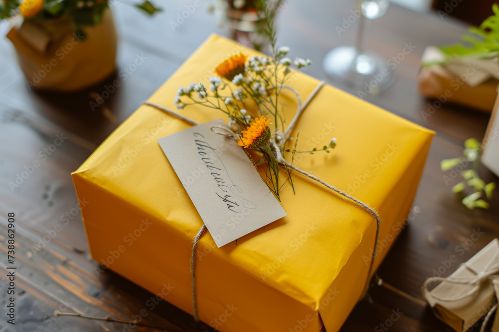 parcel with a yellow paper and a thank you note and a professional ...