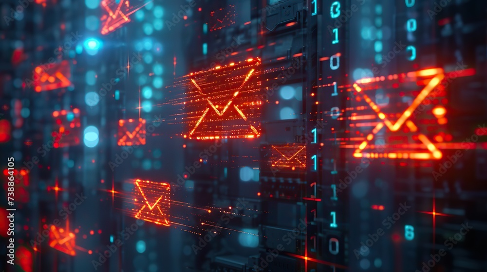 Digital visualization of secure email communication in a cyber environment with glowing red ...