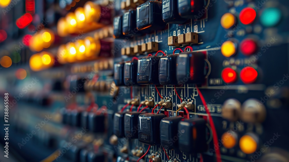 Close-up view of a retro control panel with an array of illuminated ...