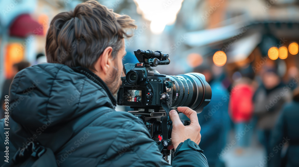 A cameraman capturing footage on a busy street using a professional ...