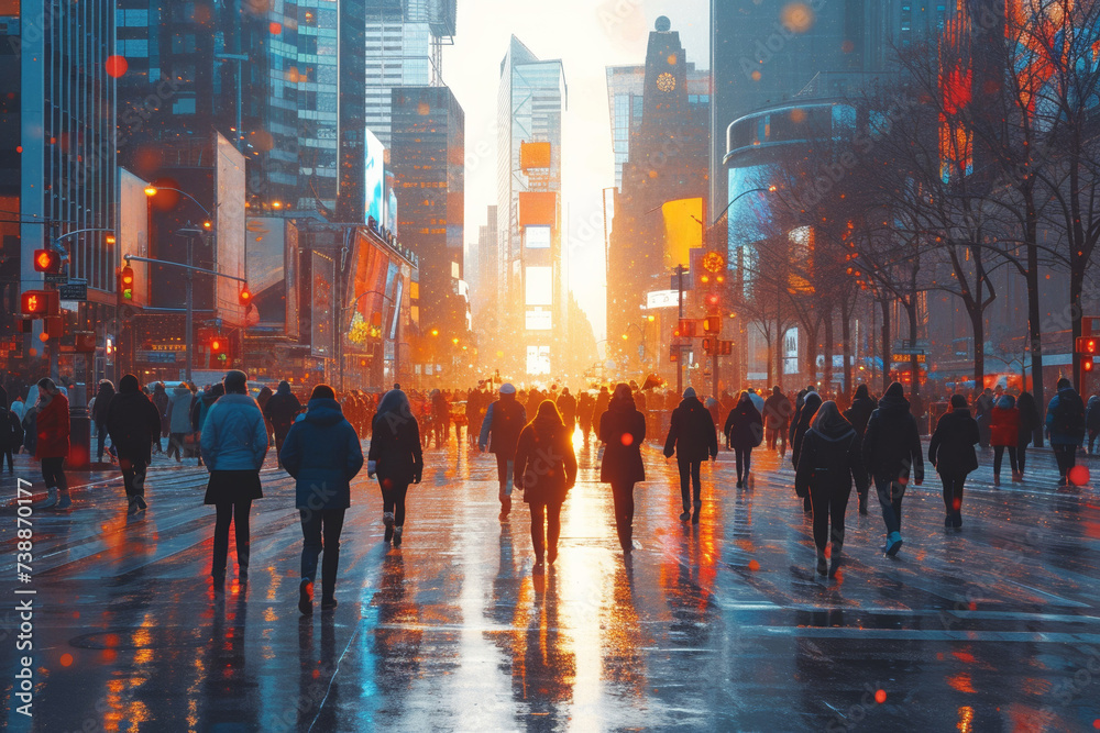 In the heart of downtown, a bustling city street at sunset captures the ...