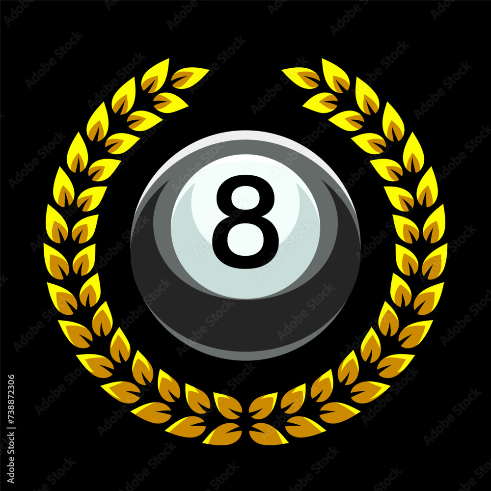 Billiard logo. Black ball color with the number eight and a golden ...