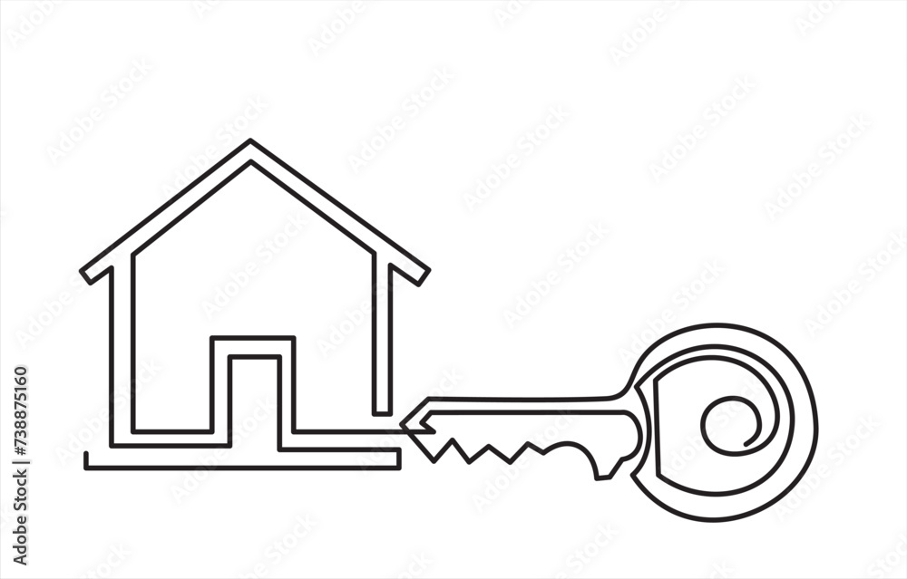 Single continuous line drawing black flat style key and house icon ...