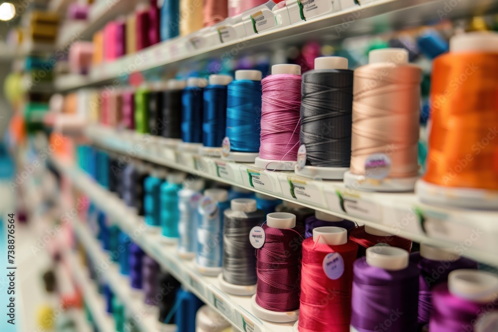 Shelves lined with a multitude of thread spools, in a spectrum of hues ...