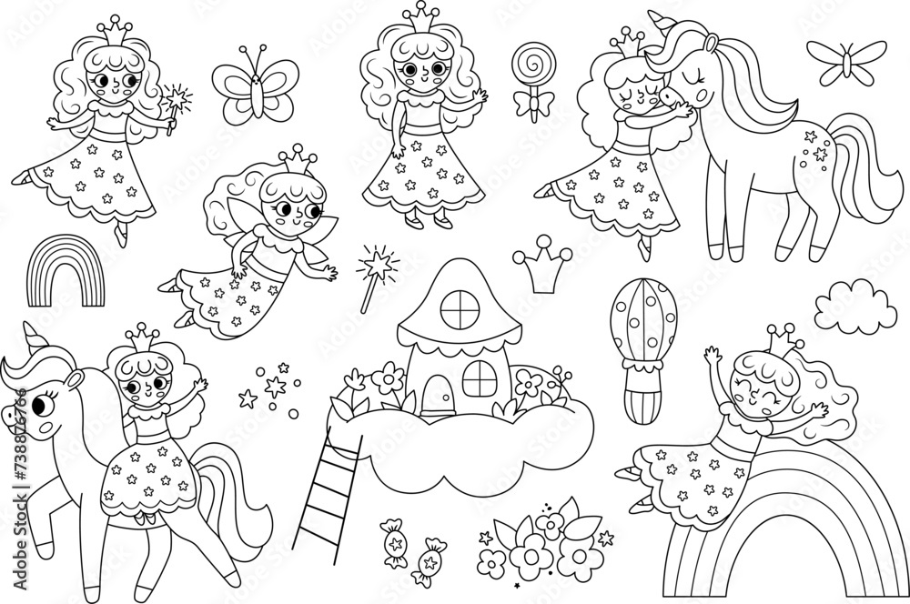 Vector black and white fairy set. Fantasy line sorceress with magic ...