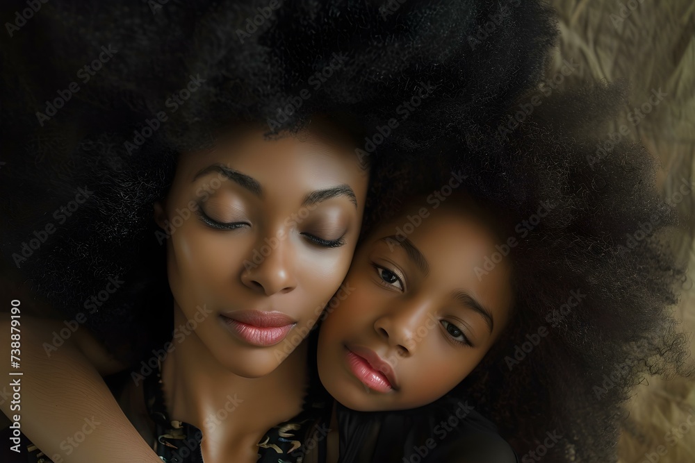 A mother and daughter lovingly share the beauty of afro hair. Concept ...