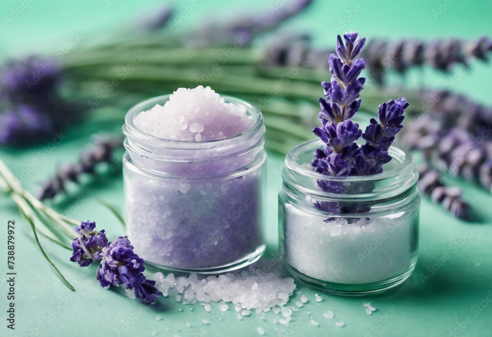 Lavender flavored sea salt and bouquet of lavender on mint green ...