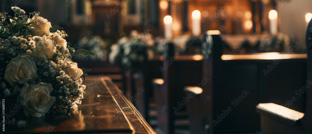 Serene Church Setting with Floral Arrangement for Funeral. Funeral ...