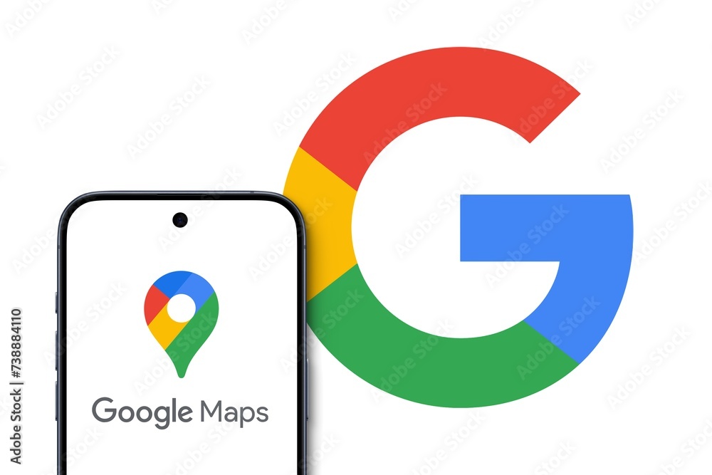 Google Maps Logo is displayed on a modern smartphone, big Google logo ...