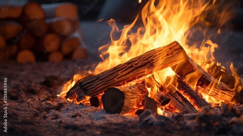 Piled firewood bursts into a blazing spectacle, radiating heat and ...