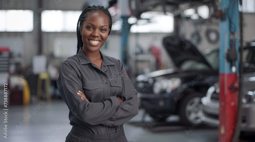 confident woman wearing a mechanic's uniform, standing with her arms ...