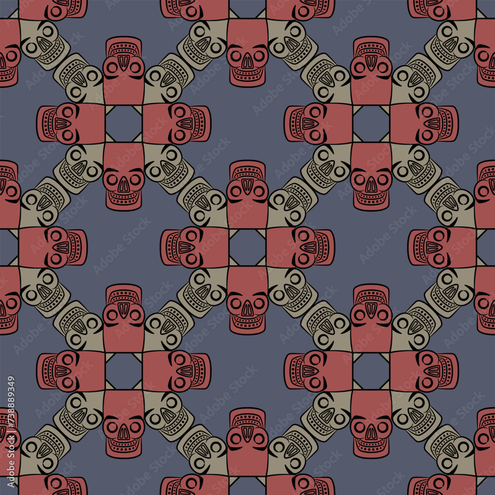 Seamless geometrical ethnic pattern with human skulls. Dia de los ...
