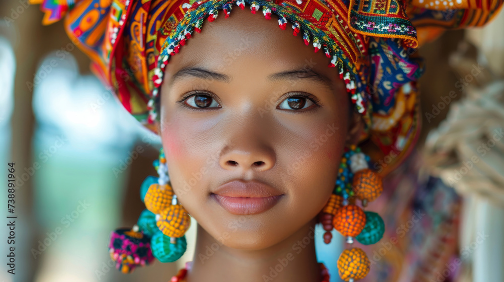 A photo of a young woman from the Dawei people in Myanmar, wearing a ...