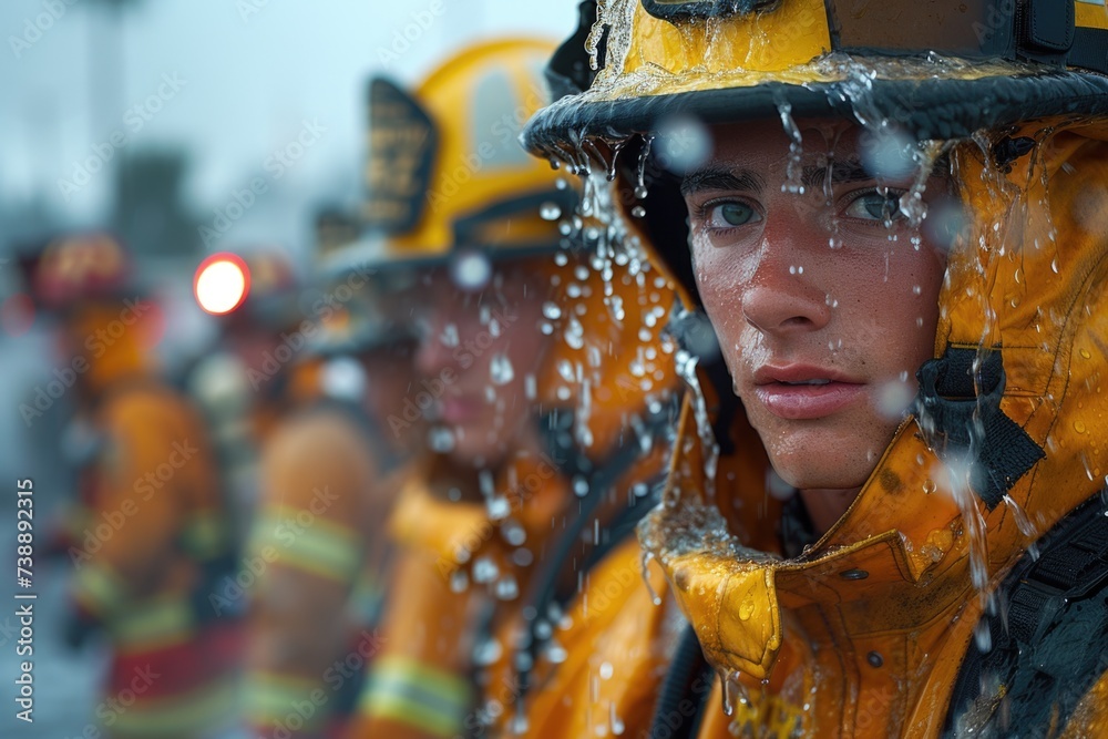 A firefighter's face is captured up-close in the rain, with a backdrop ...
