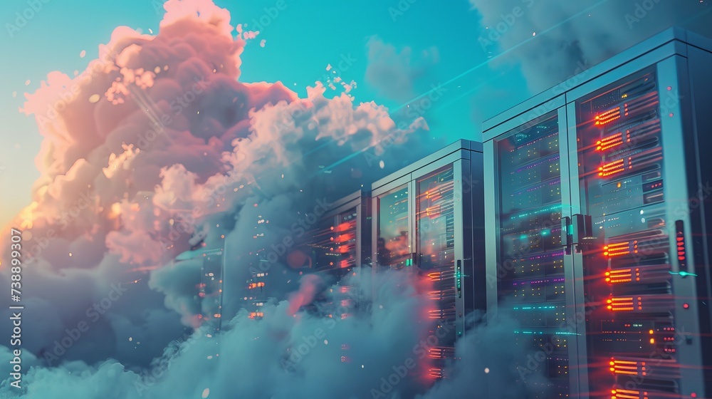 rows of network servers set against a blue sky with clouds, visually ...