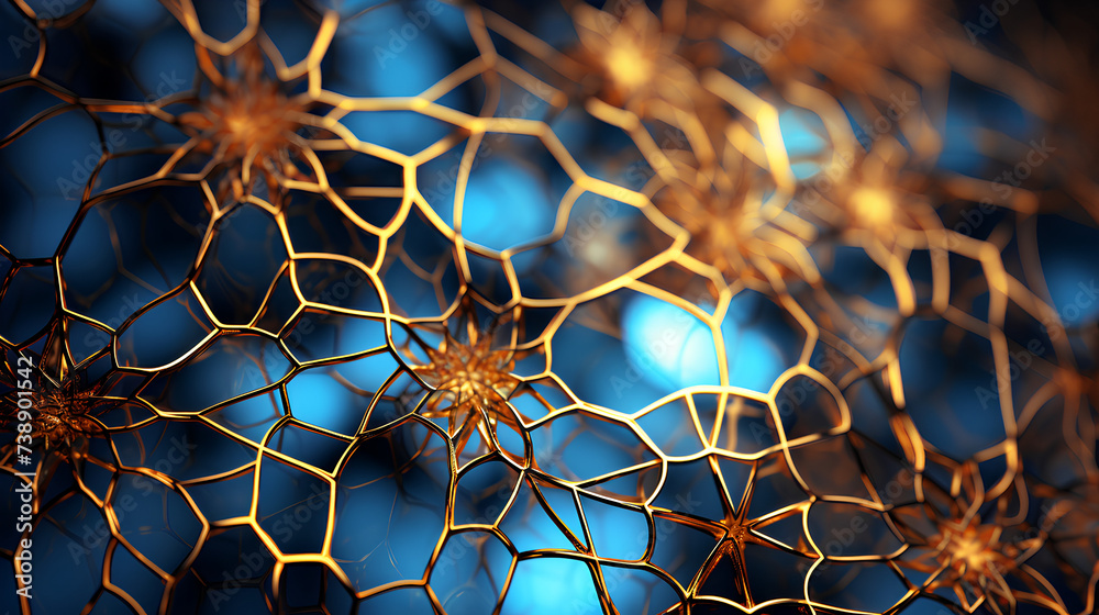 Golden wire openwork flower web pattern on blue background. Digital ...