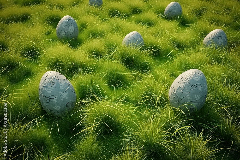 A bird's-eye view of a grassy field with several hidden Easter eggs, creating an engaging visual ...