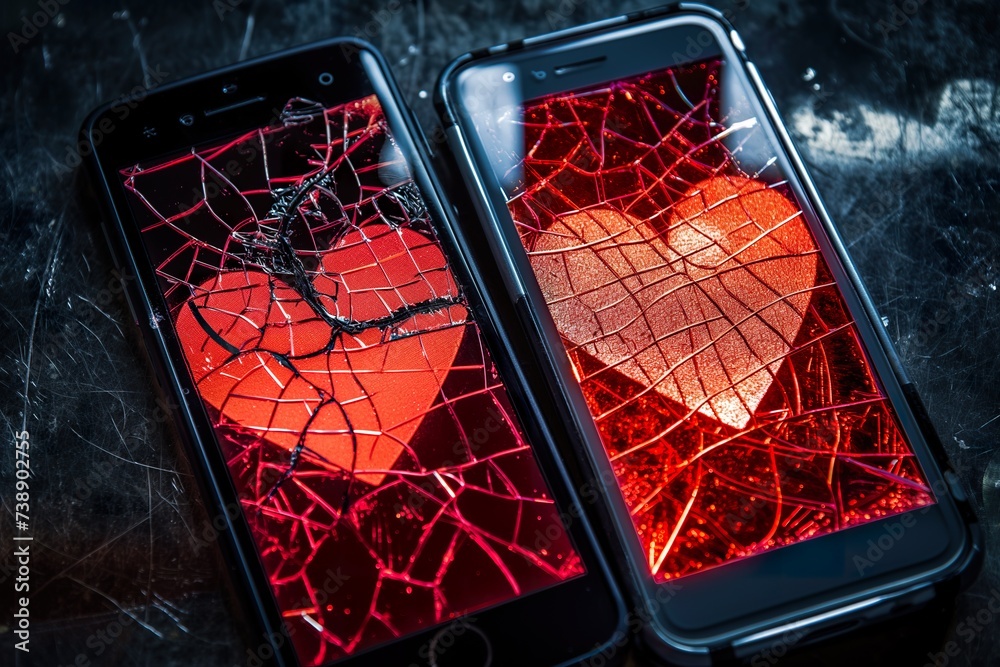The photo shows two cell phones with broken screens, each displaying a ...